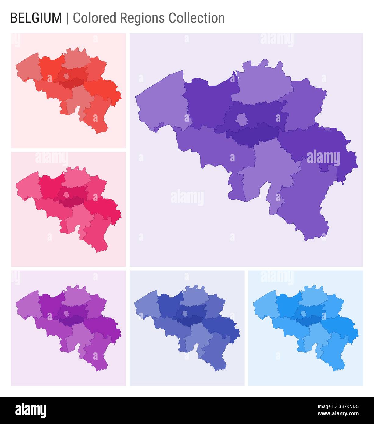 Belgium map collection. Country shape with colored regions. Deep purple ...
