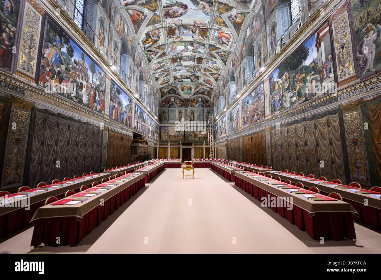 Vatican City, Italy. 06th May, 2025. Inside view of the Sistine Chapel during the preparation of ...