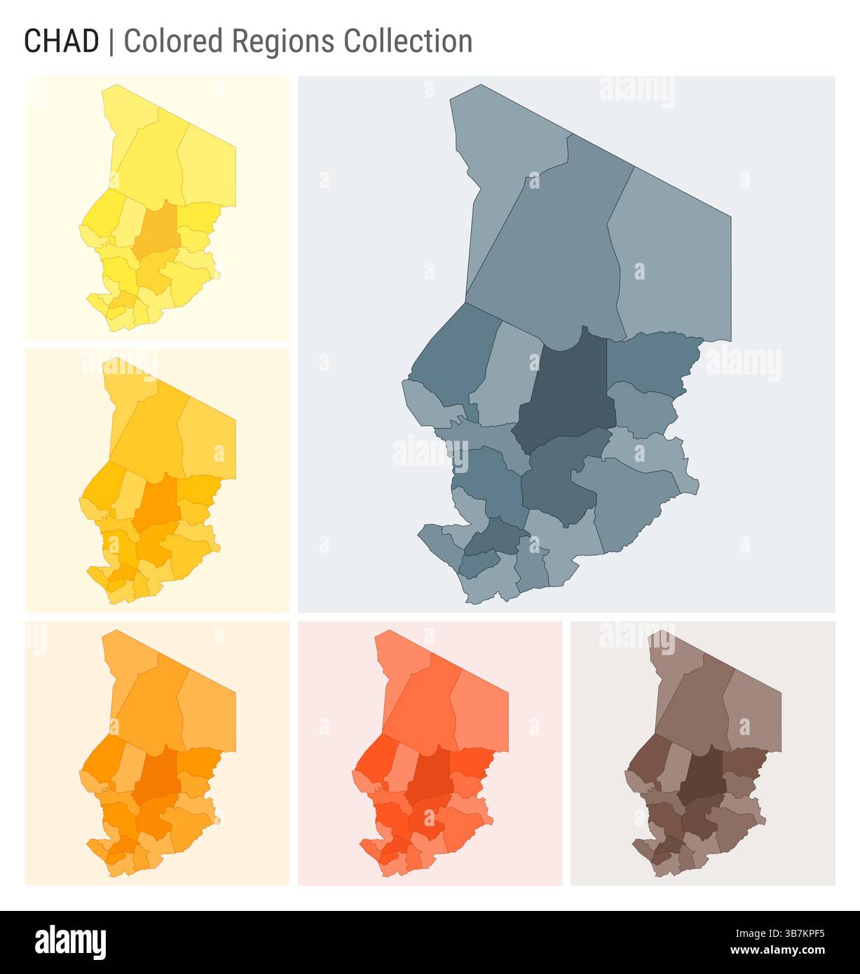 Chad map collection. Country shape with colored regions. Blue, Grey ...