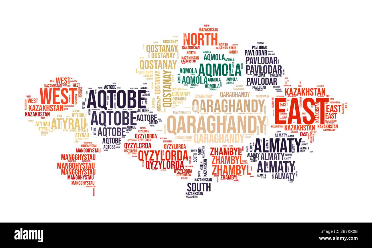 Kazakhstan Word Cloud. Country shape with region division. Kazakhstan ...