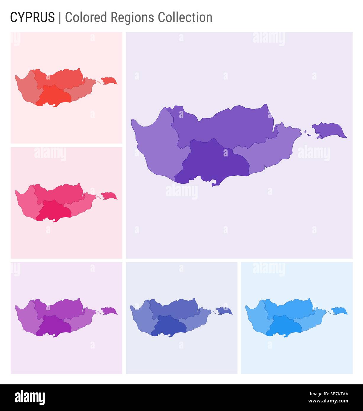 Cyprus map collection. Country shape with colored regions. Deep purple ...