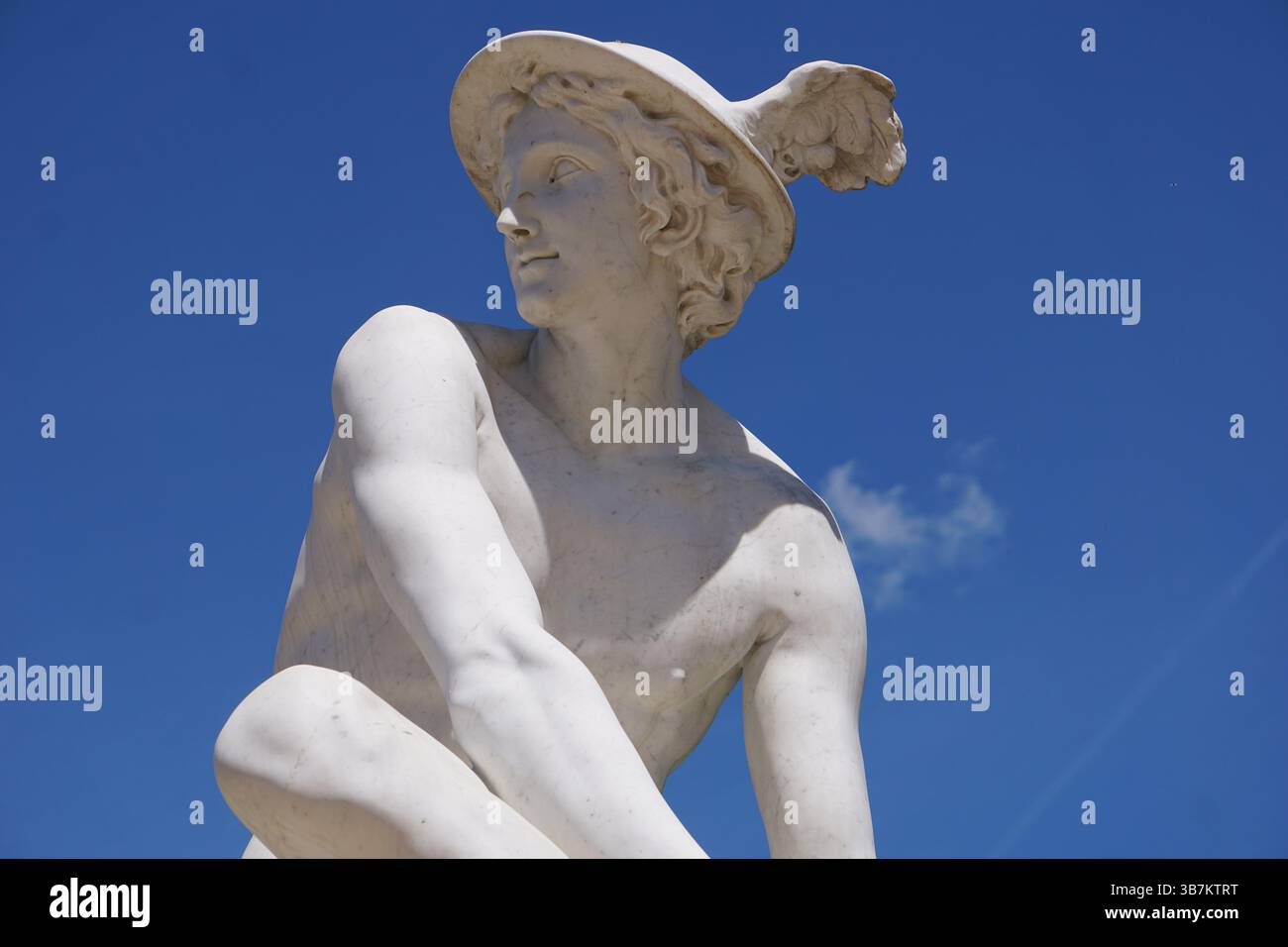 Side profile portrait of a white marble statue of Hermes/Mercury, the ...