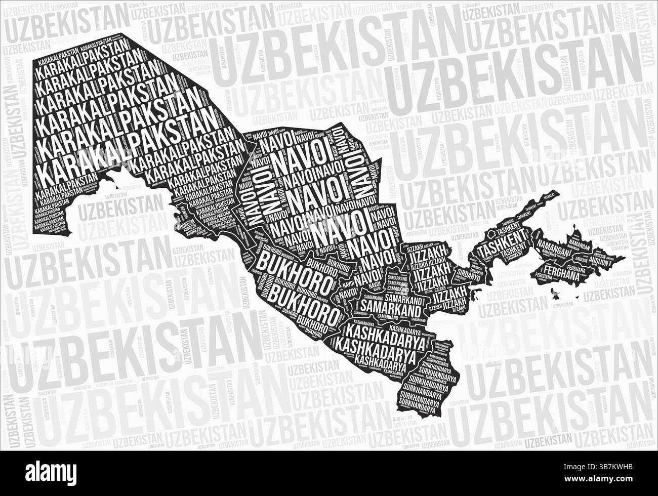 Uzbekistan regions map word cloud. Uzbekistan region names. Black and ...