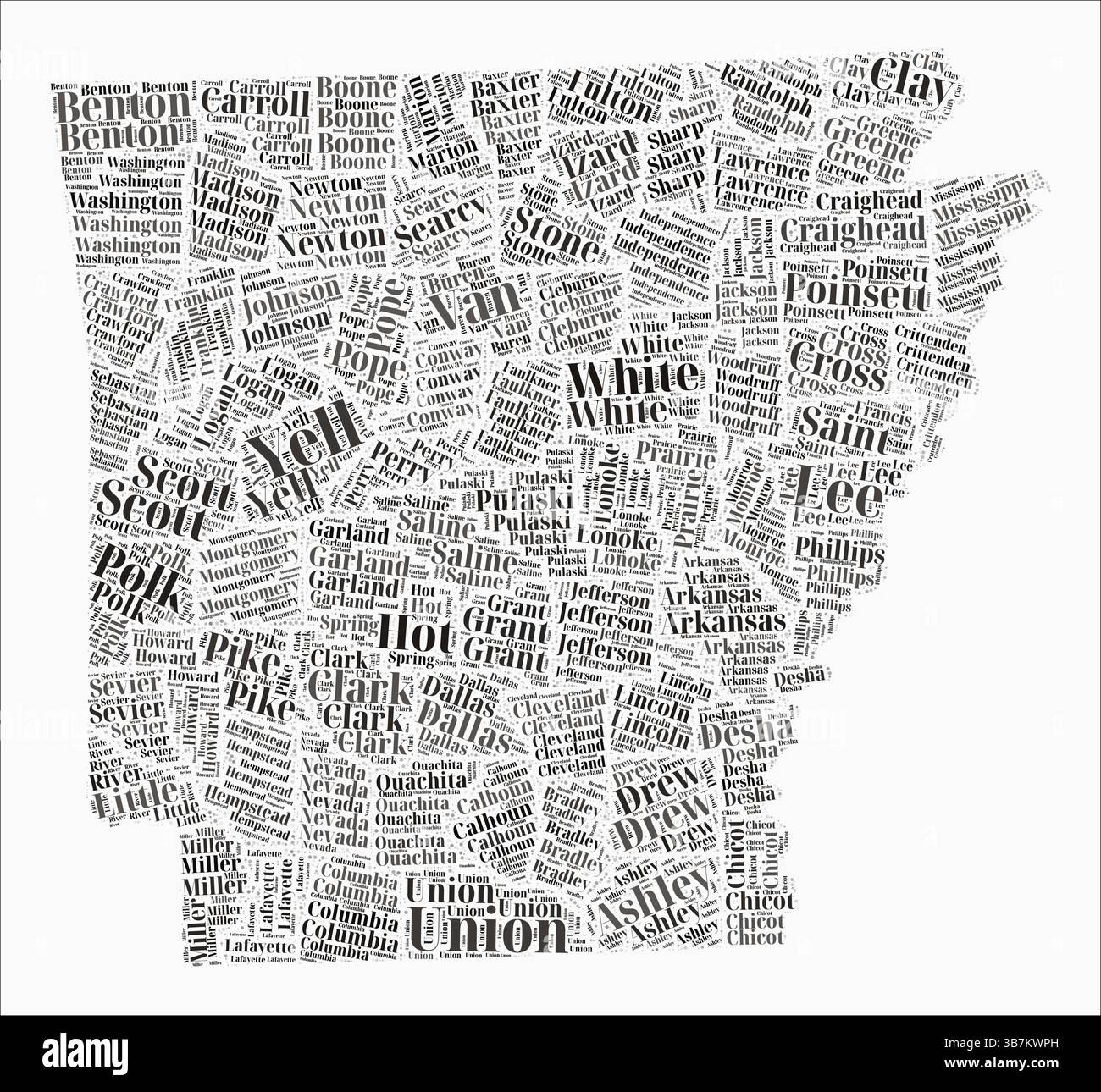 Arkansas Text Style Counties. State region names word clouds in the ...