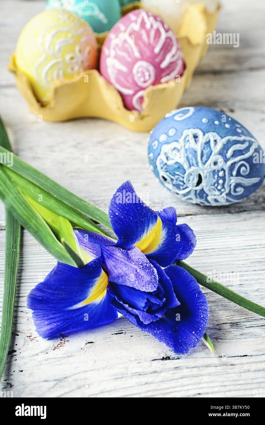 Iris flower painted and decorated Easter egg on light background Stock ...