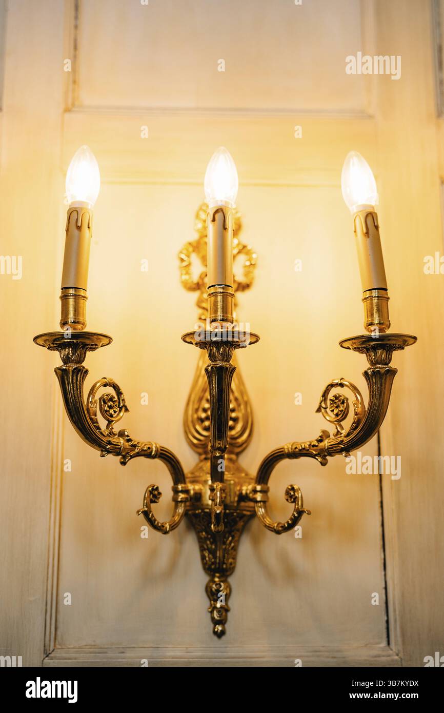 Gold three-lamp floor lamps, decorated with floral patterns on the wall ...
