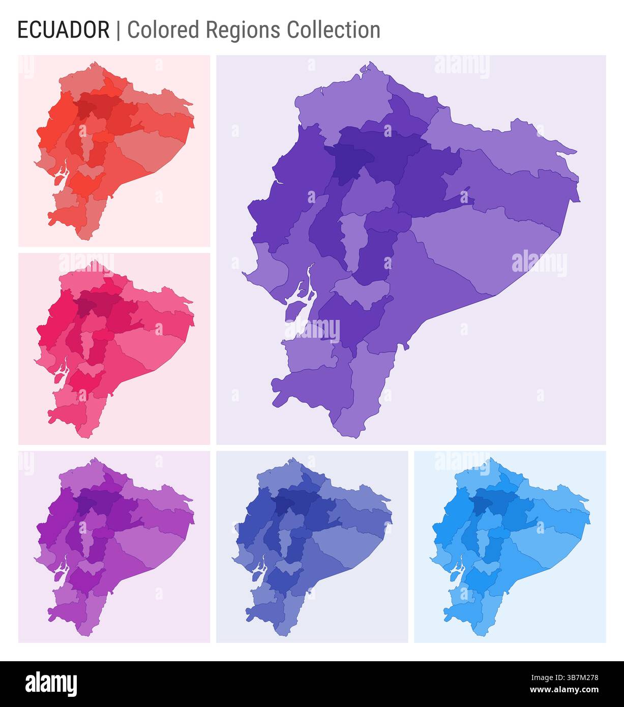 Ecuador map collection. Country shape with colored regions. Deep purple, red, pink, purple ...