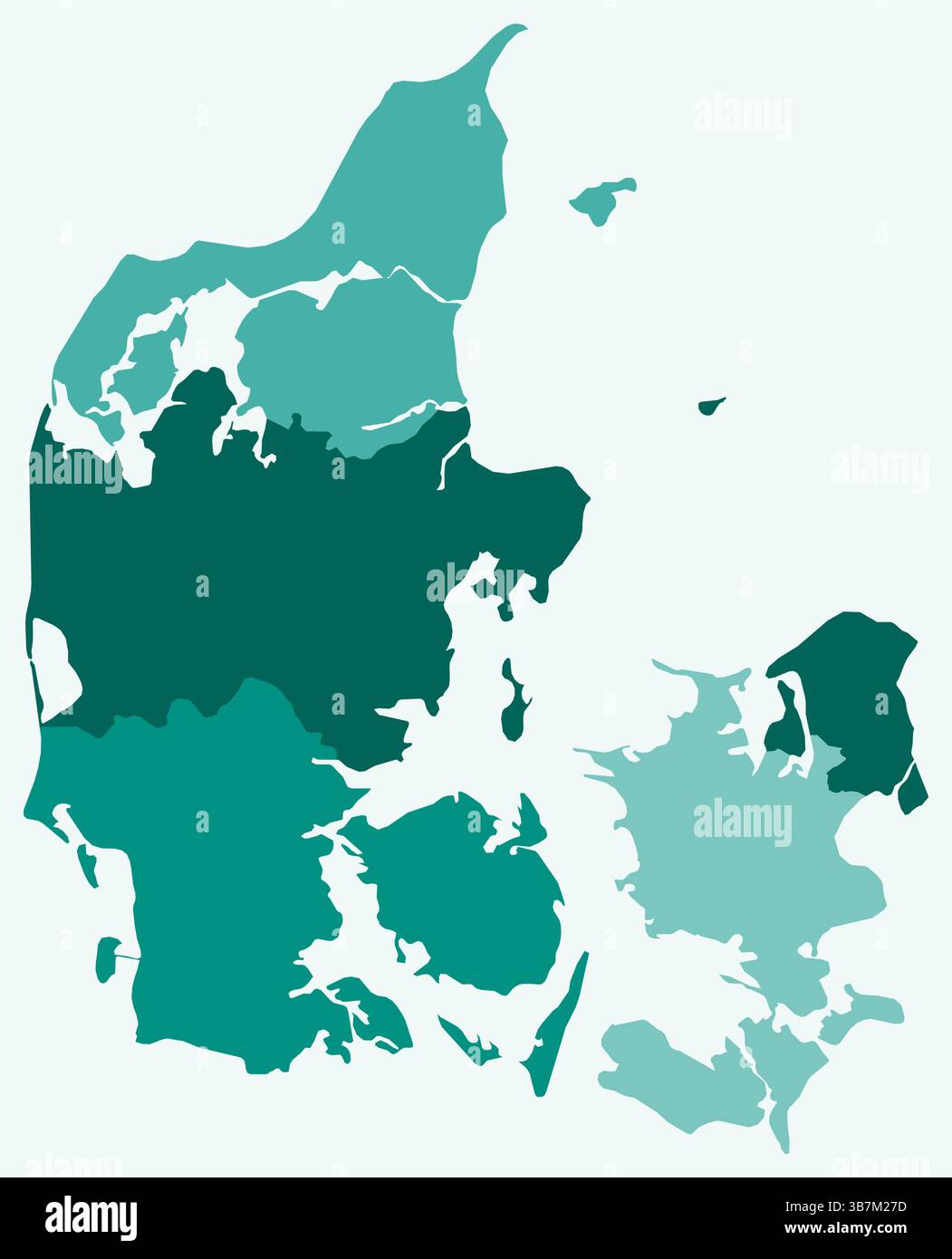 Map of Denmark with regions. Just a simple country border map with region division. Teal color ...