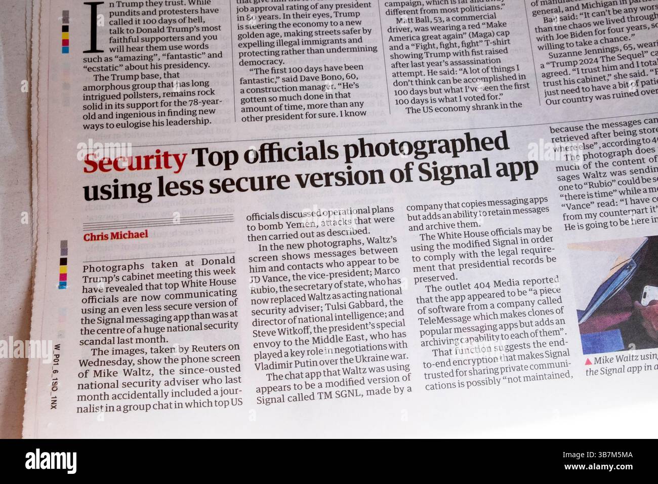 'Top officials photographed using less secure version of Signal app' Guardian newspaper headline ...