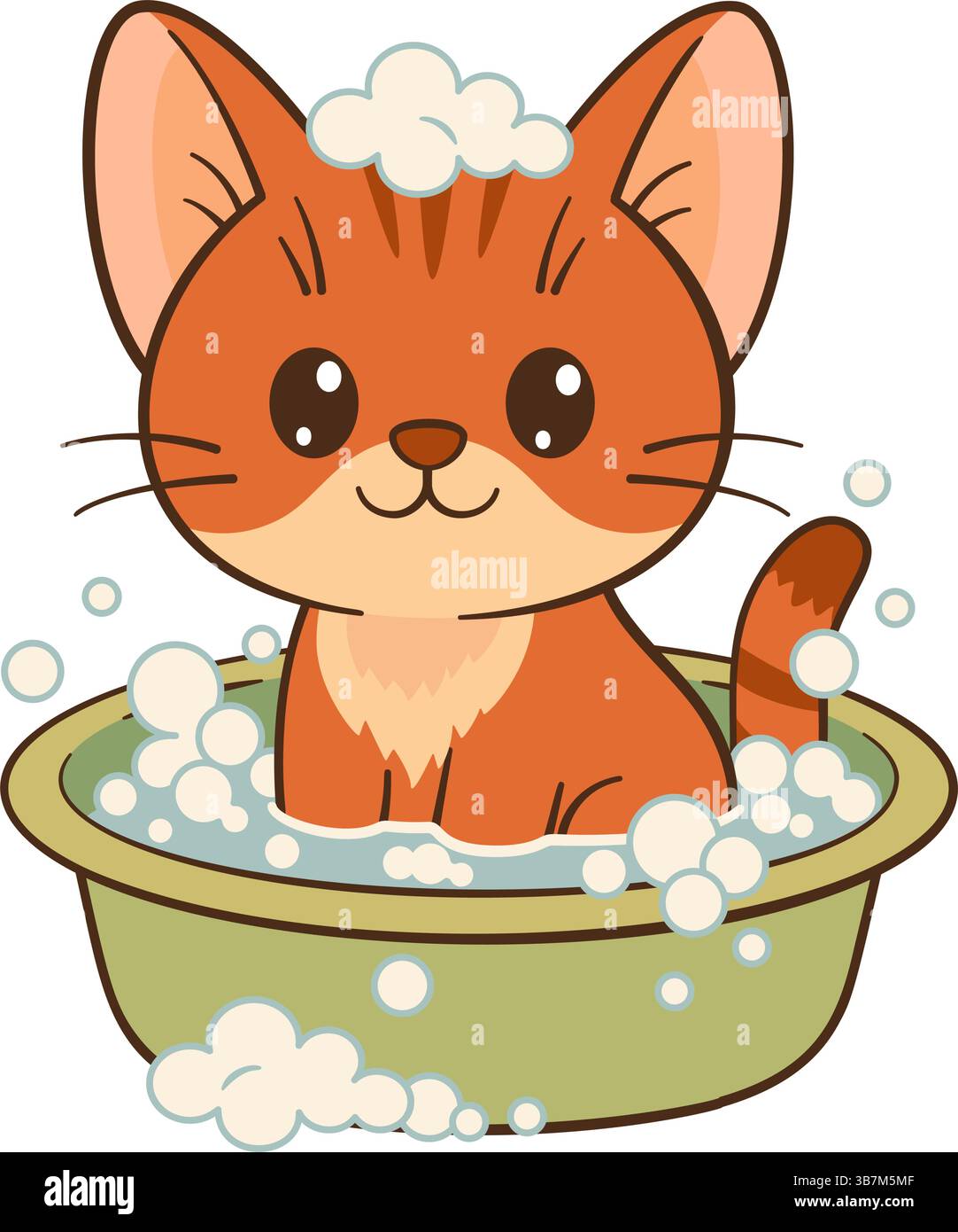 Happy cat sitting in green basin with water and soap bubbles. Cute ...
