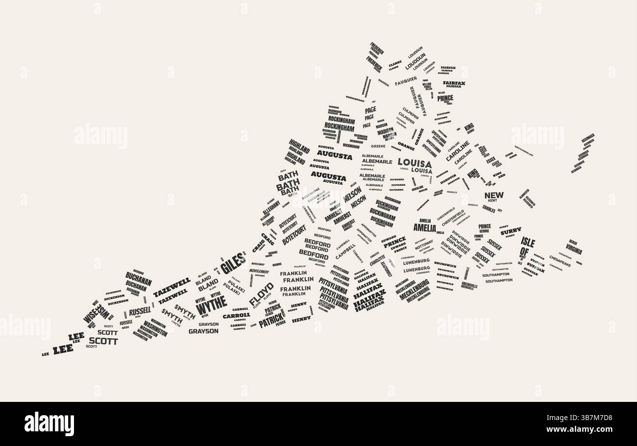 Virginia Word Cloud. State with counties division. Virginia typographic ...