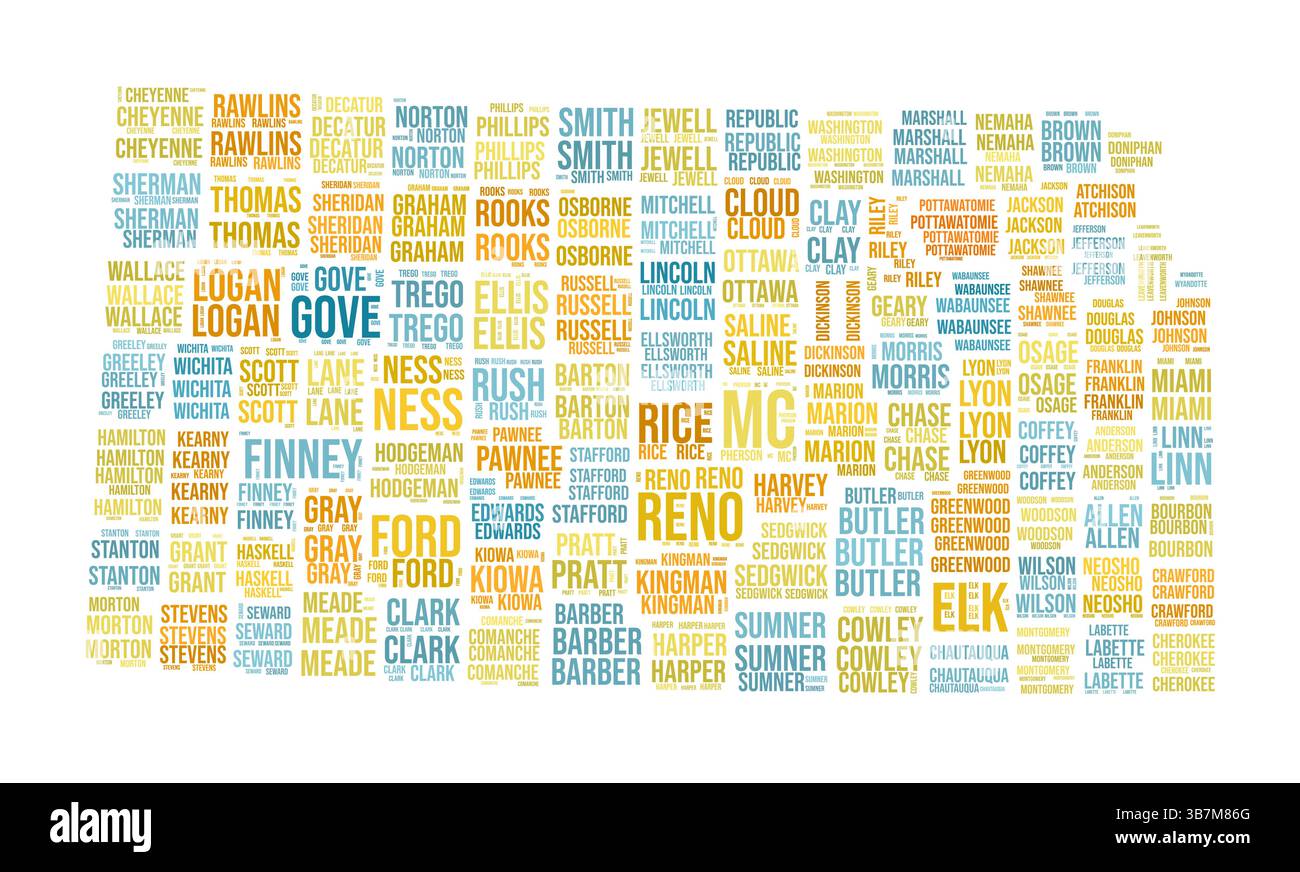 Kansas Word Cloud. State shape with county division. Kansas typography style image. County names ...