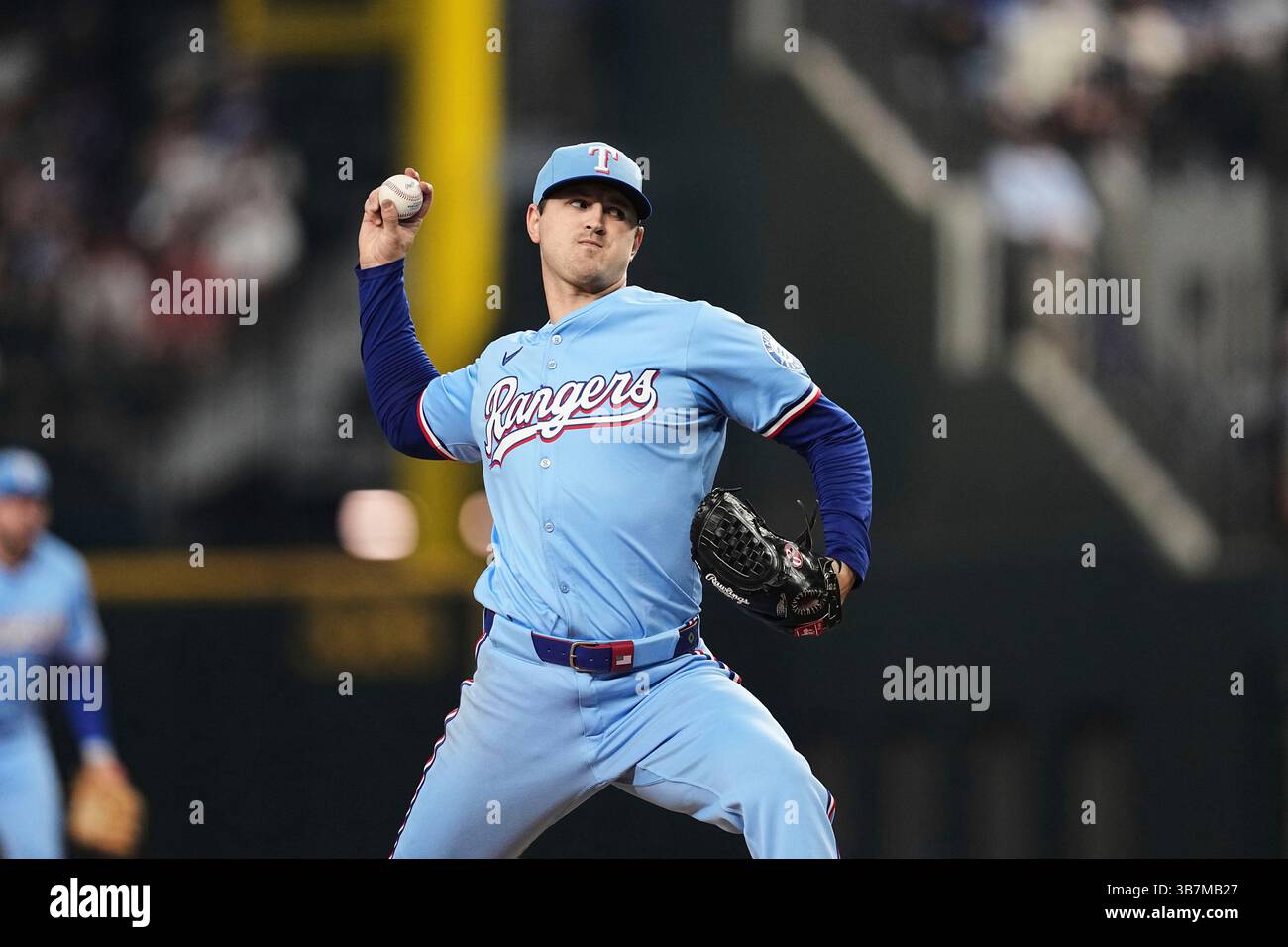 Texas Rangers starting pitcher Tyler Mahle throws to the Los Angeles ...