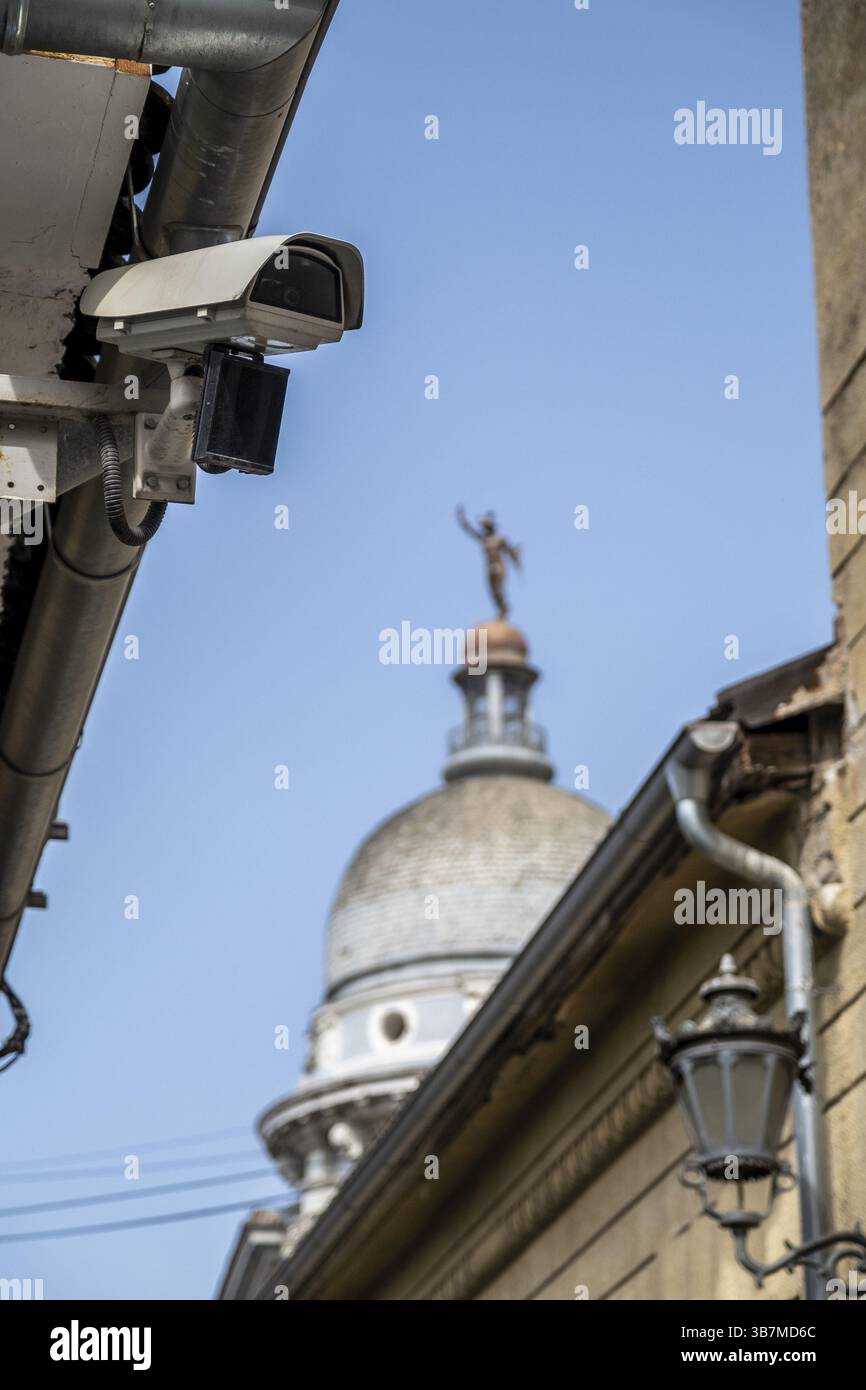 Surveillance camera with a view of the statue of Mercury Stock Photo ...