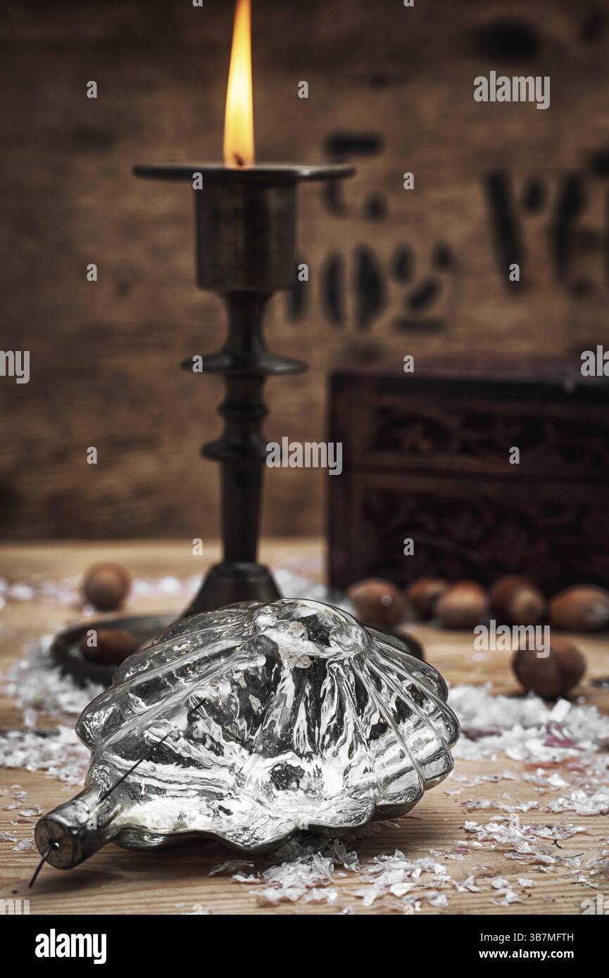 Set photo burning Christmas candle in brass candlesticks Stock Photo ...