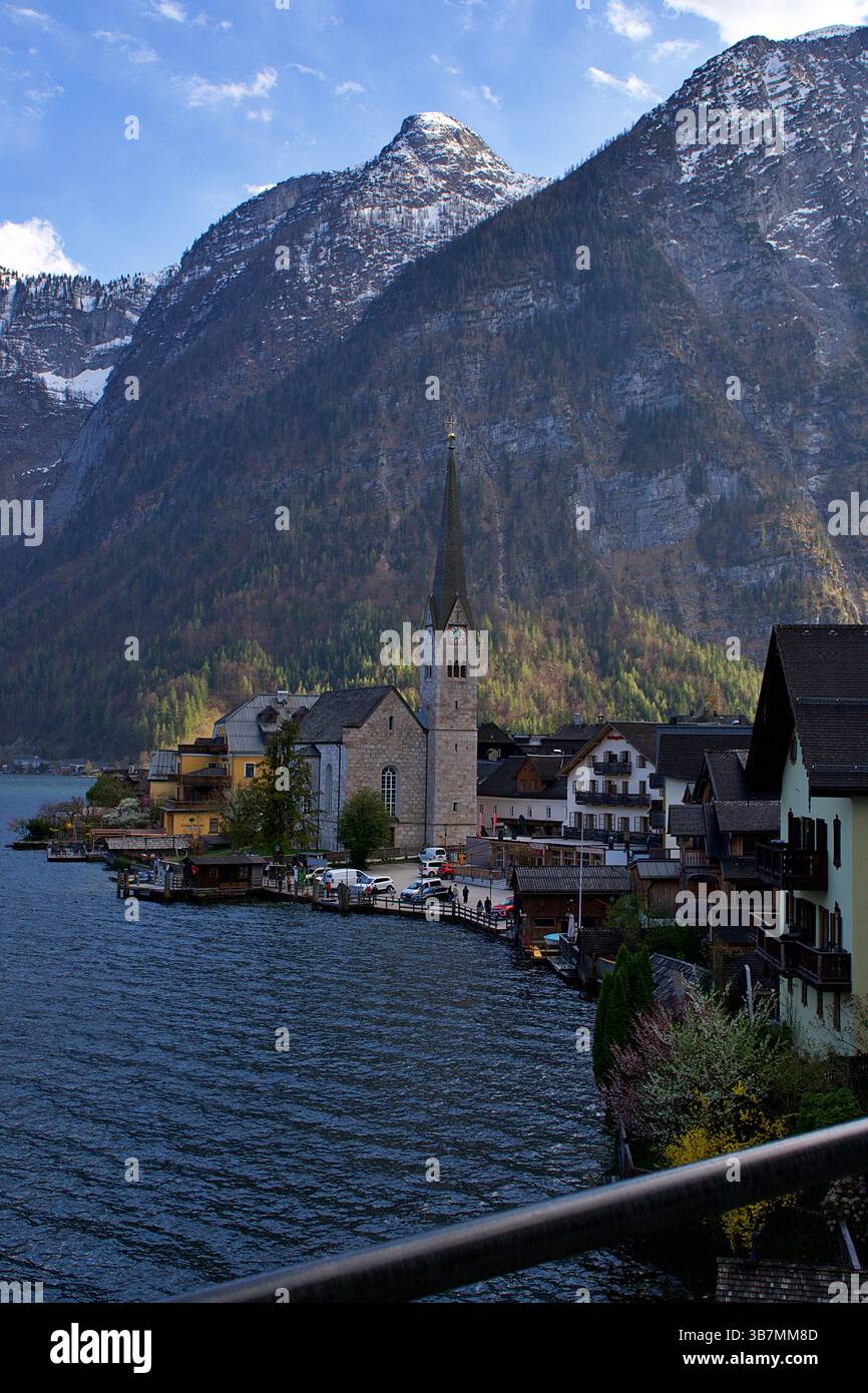 Scenic View of Hallstatt Village with Church Tower and Alpine Mountains ...