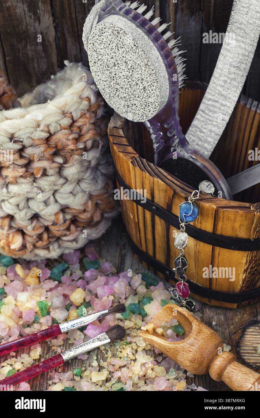 Wooden tub with brush for cleaning the body, nail file for manicure and ...