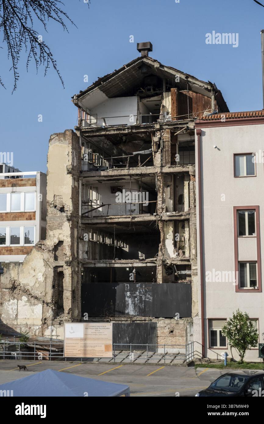 Ruins of the bombed television building in Belgrade after an air raid ...