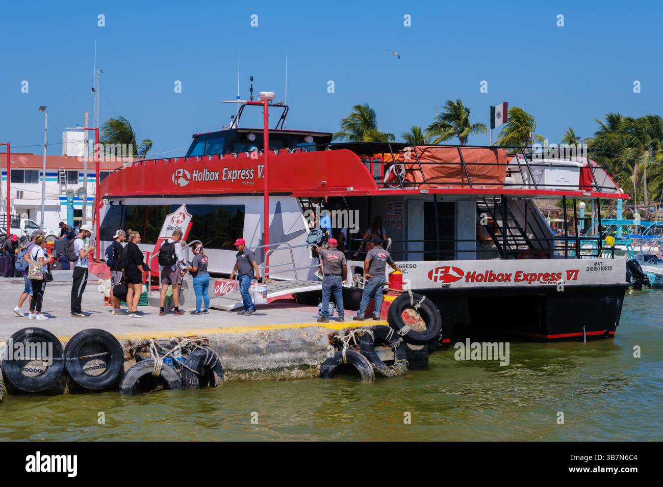 Holbox, Mexico - February 14, 2025: A view of the red and white Holbox ...
