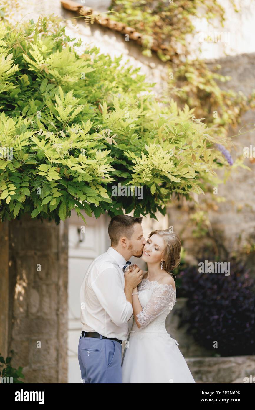The bride and groom hug in a picturesque courtyard, under green ...