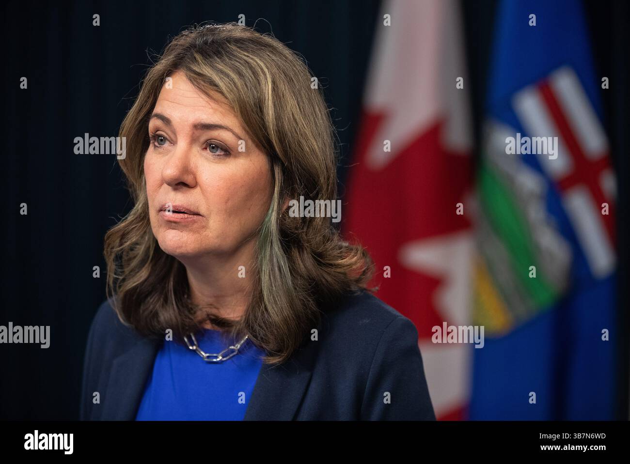 Edmonton, Canada. 06th May, 2025. Alberta Premier Danielle Smith speaks ...
