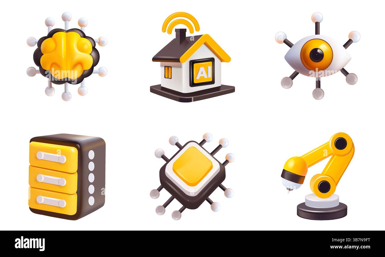 Icons on white for artificial intelligence concept robotic arm, smart home , chip, database ...
