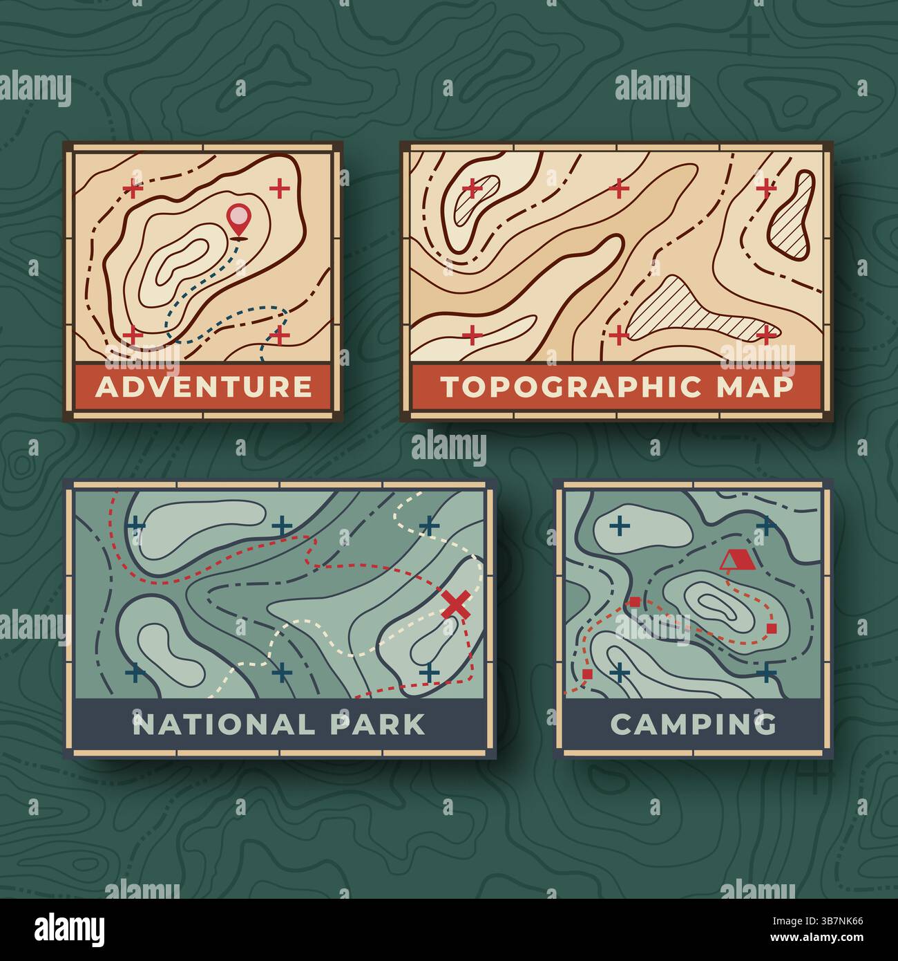 Set of topographic map badges for adventure, camping, and national ...