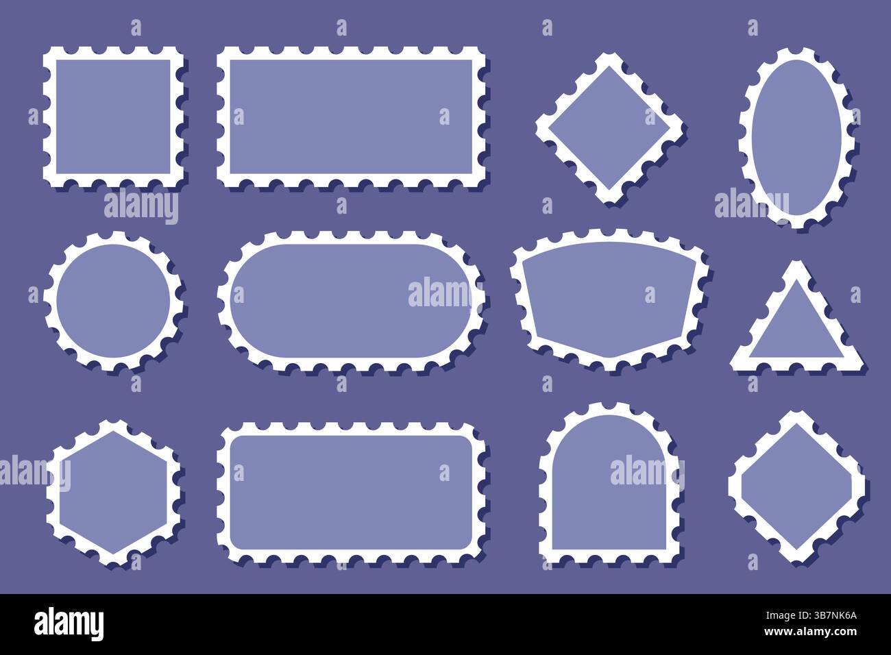 Set of blank postage stamps in multiple shapes with perforated borders ...