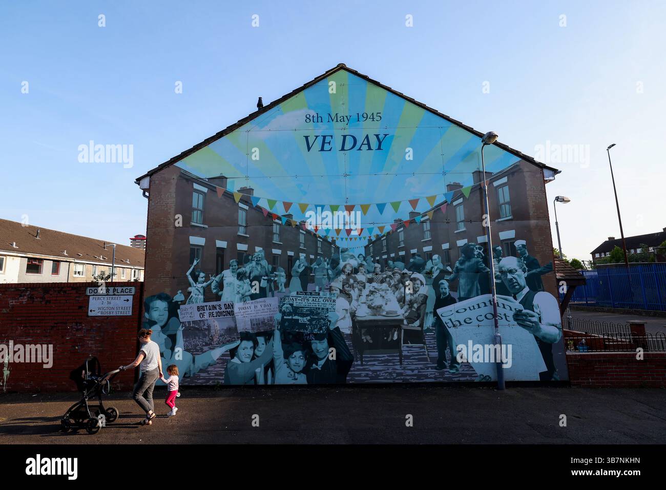 A mural depicting ViE Day as seen on Dover Place off the Shankill Road in west Belfast Stock ...