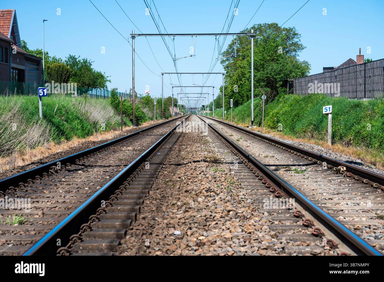 Railway tracks at the countryside, perspective view in Tienen, Flemish ...