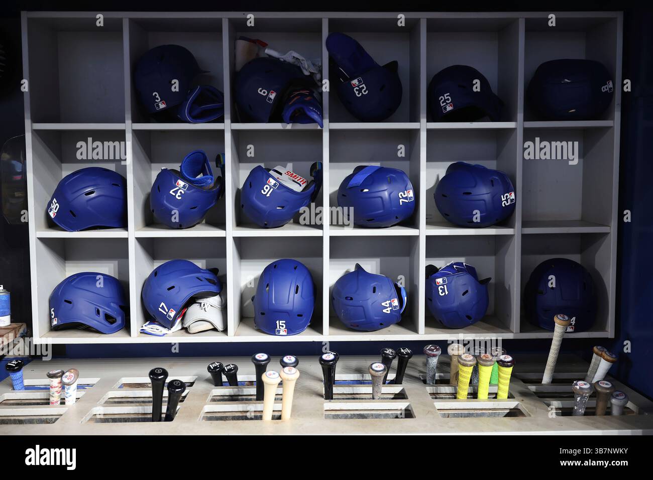 MIAMI, FL - MAY 05: Los Angeles Dodgers helmets rest in the dugout ...