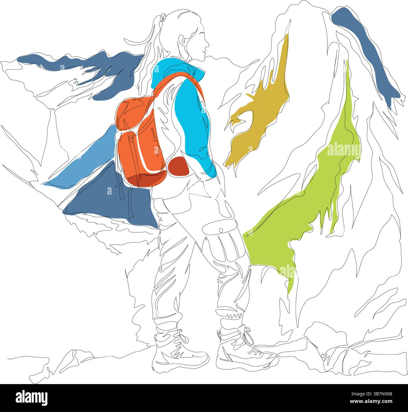 One line drawing girl is hiking in the mountains. Travel, vacation ...