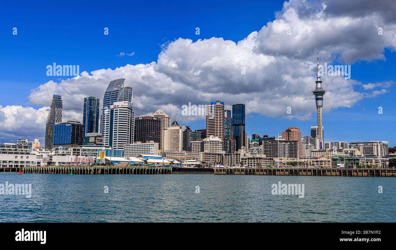 distinctive skyline of auckland city centre sky tower and core of tall ...