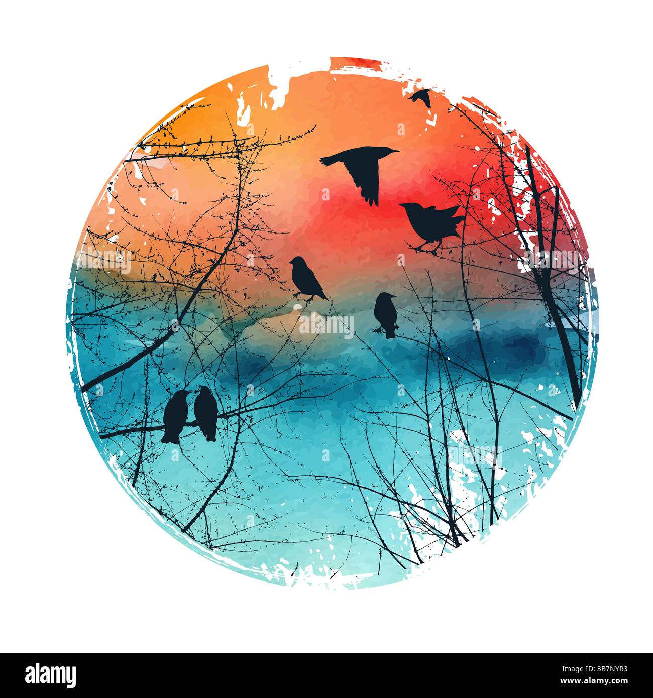 Round abstraction of tree branch and bird. hand drawn. Not AI, Vector ...