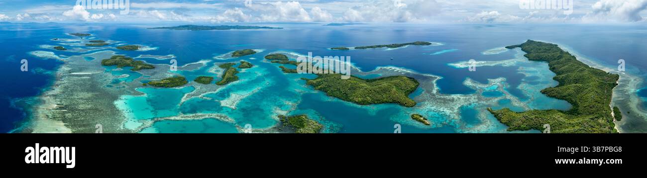 Healthy coral reefs fringe the idyllic islands of Garacie, near ...