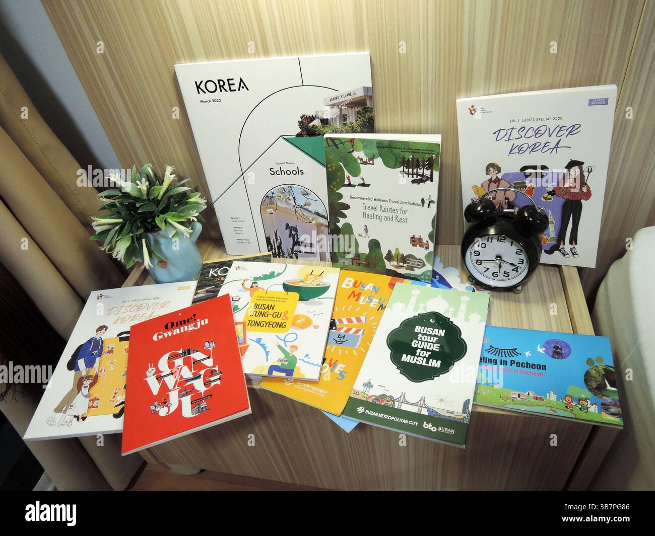 Tourism and travel brochures and books about South Korea in a hotel ...