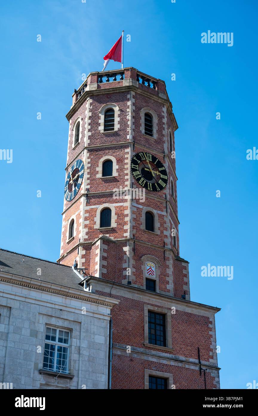 Hexagonal brick stone tower of the town hall of Menen, West Flanders ...