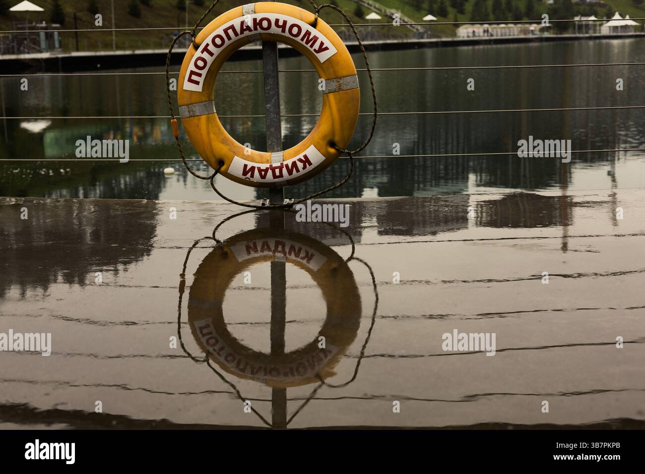 A reflective shot captures a life preserver in a lakeside scene, with ...