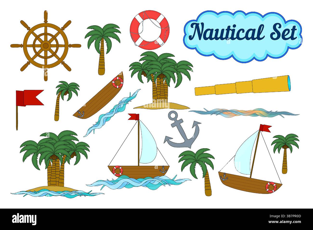 Nautical set with sailboats, boats, anchor, lifebuoy, ship wheel ...