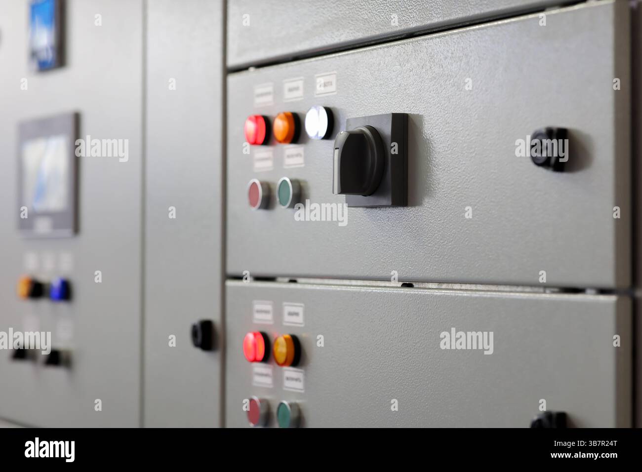Electrical switchboard panel close up. Electric power distribution ...