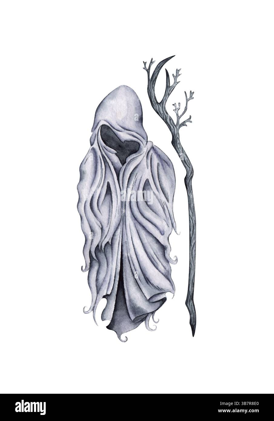 Ghost of death, in black robe, reaper in rags with staff watercolor ...