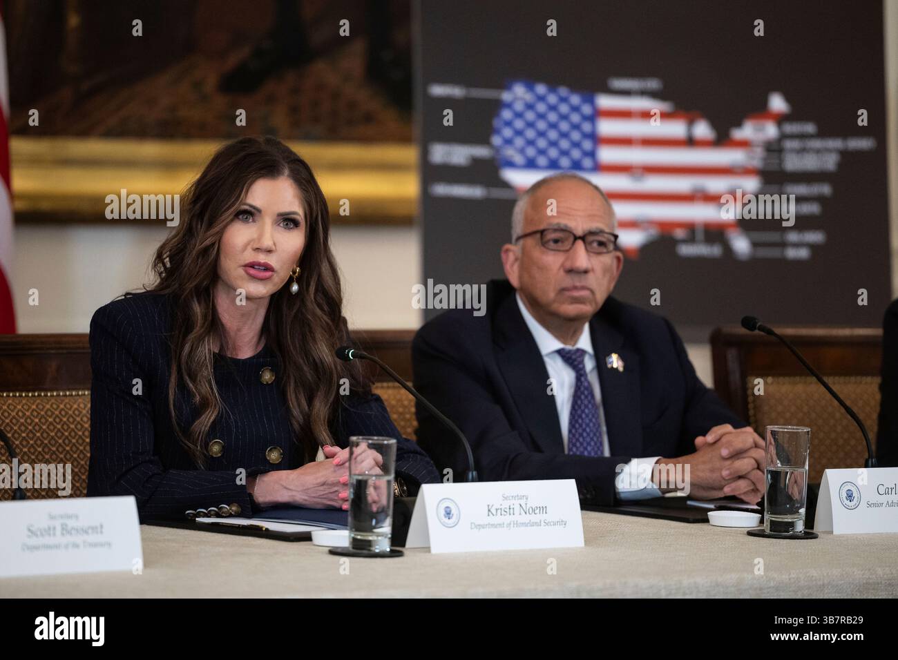 Homeland Security Secretary Kristi Noem speaks alongside Senior Advisor ...