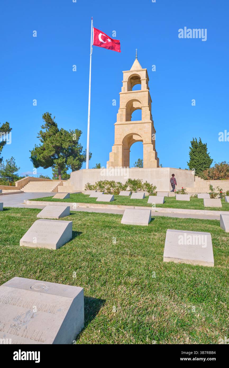 View of the various graves of the dead and the main tower monument and ...