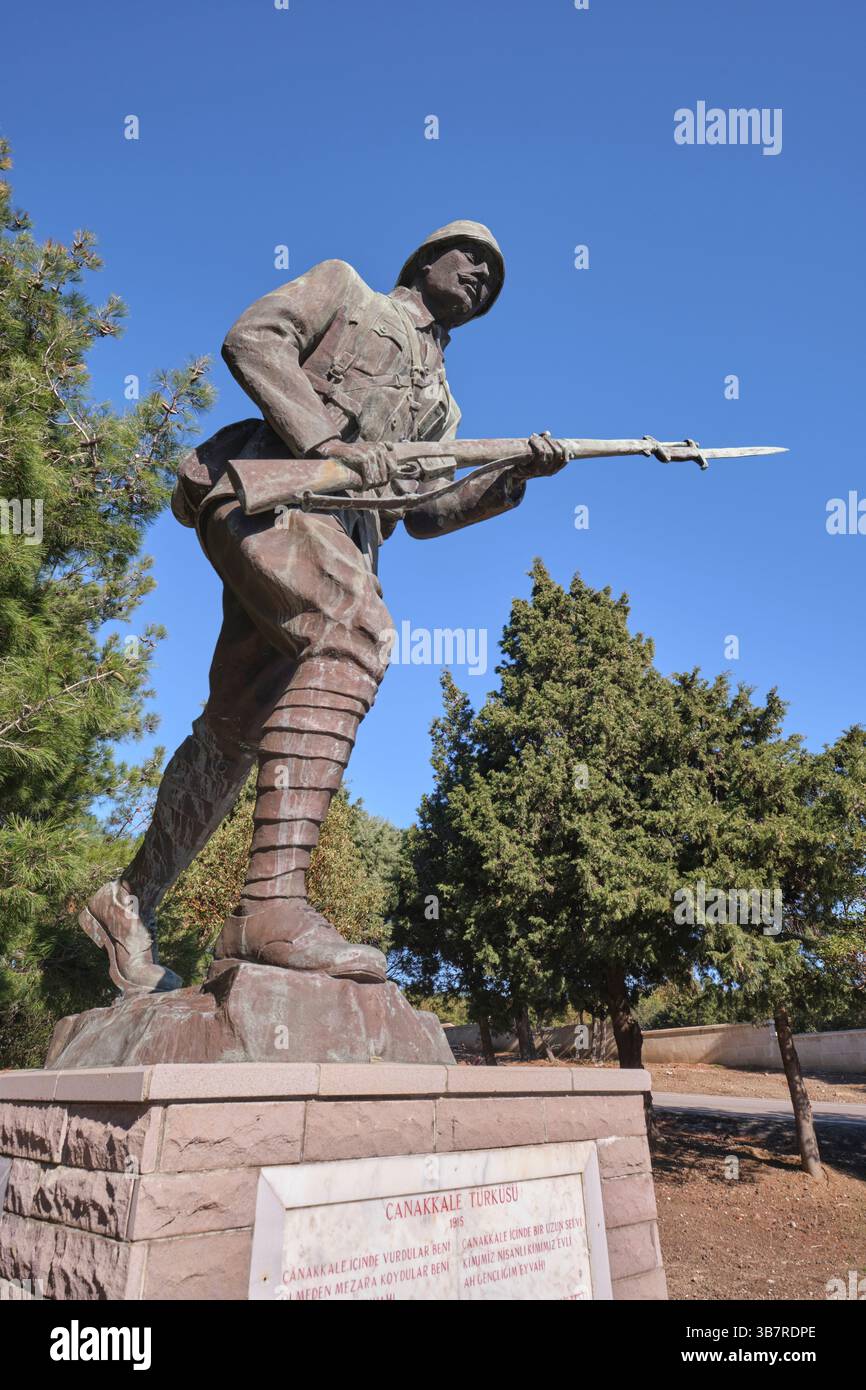 A large, bronze statue, sculpture of a typical, brave Turkish soldier ...
