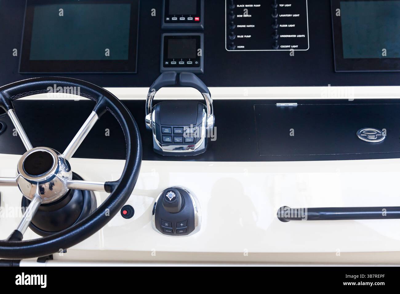 Luxury yacht control panel with steering wheel, gear levers, navigation ...