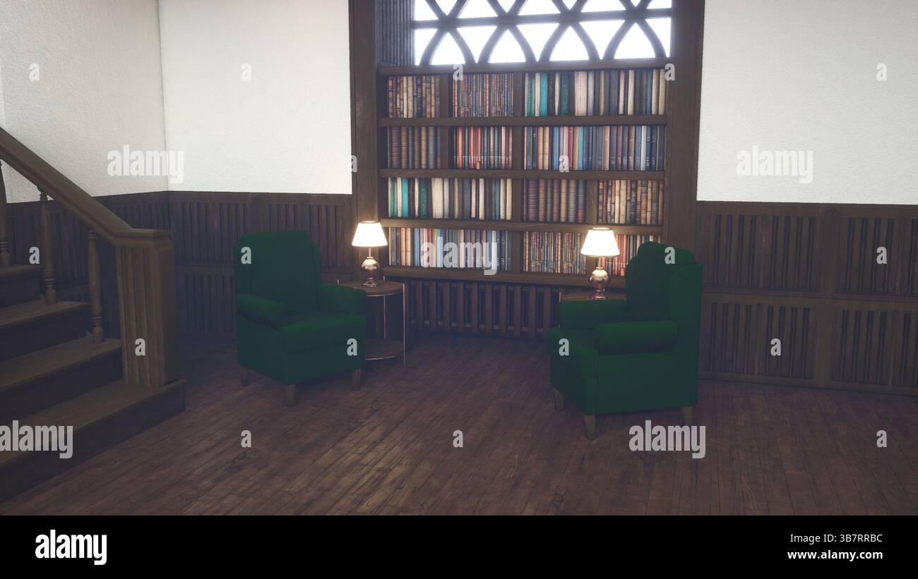 Cozy home study room featuring tall wooden bookshelves, soft ambient ...