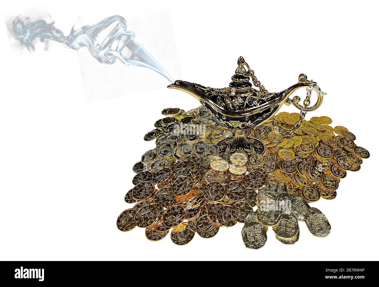 Aladdin's lamp on a pile of Gold coins of different values Stock Photo ...