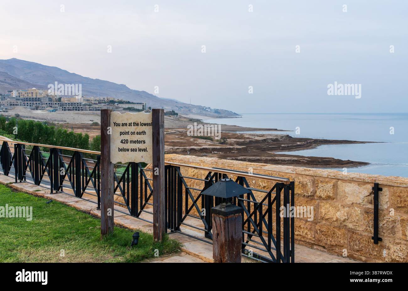 Sign by the Dead Sea in Jordan stating the lowest point on earth at ...