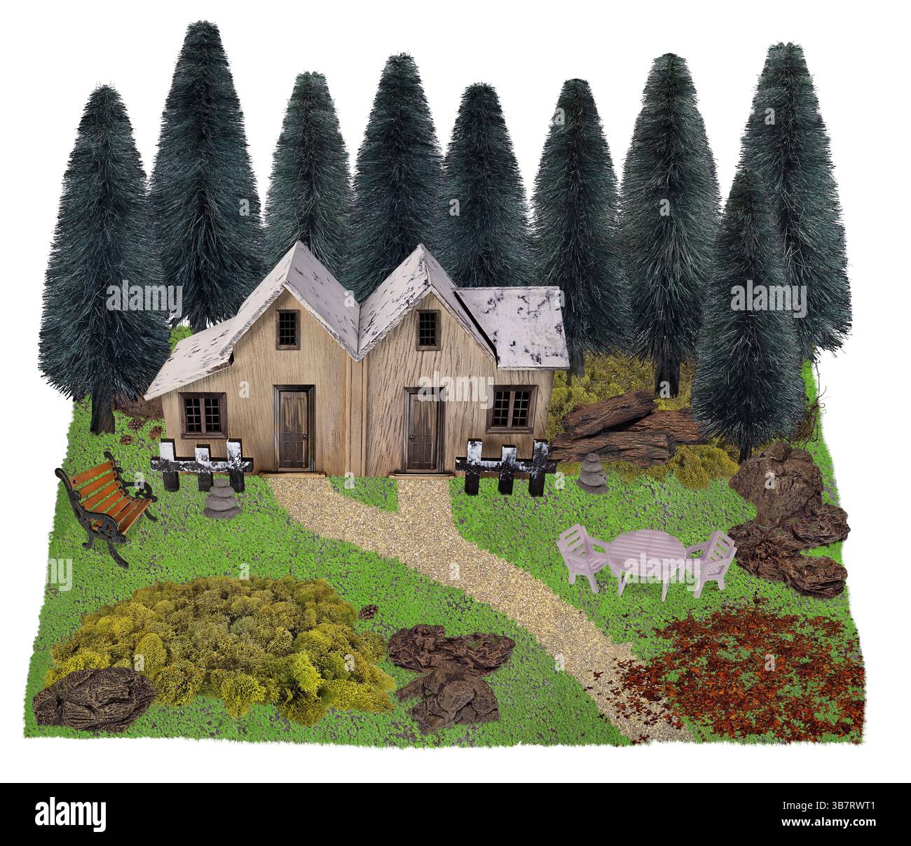 Rustic Chalet amongst many Tall Green Trees along a curved forest path Stock Photo - Alamy