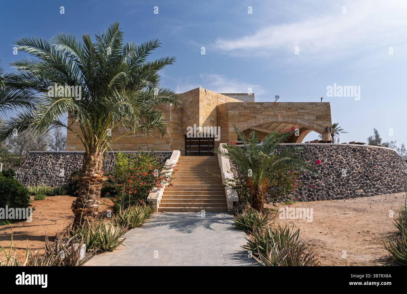 Entrance to modern museum building for the Dead Sea Panorama Complex on ...
